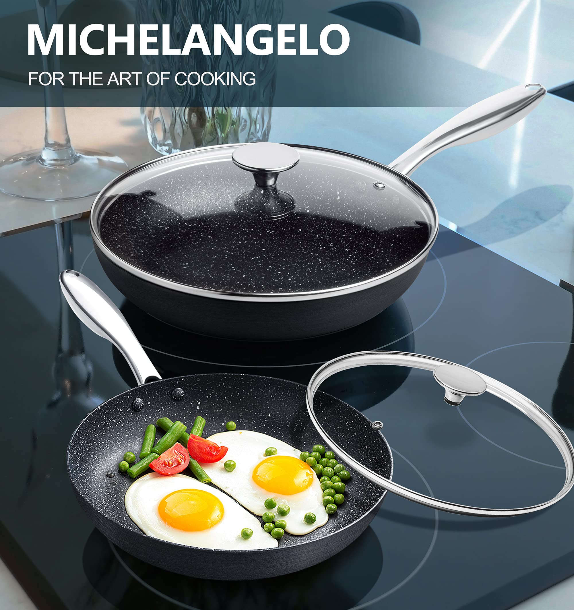 MICHELANGELO Hard Anodized Frying Pans Nonstick with Lid, 9.5" & 11" Nonstick Frying Pan Set with Lids, Frying Pans for Cooking, Nonstick Skillet Sets with Granite-derived Interior, 2 Pan Set