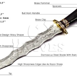 NoonKnives: custom Hand Made Damascus Steel Collectible wavy dagger Knife Handle bull horn with Brass Inserts (Black)