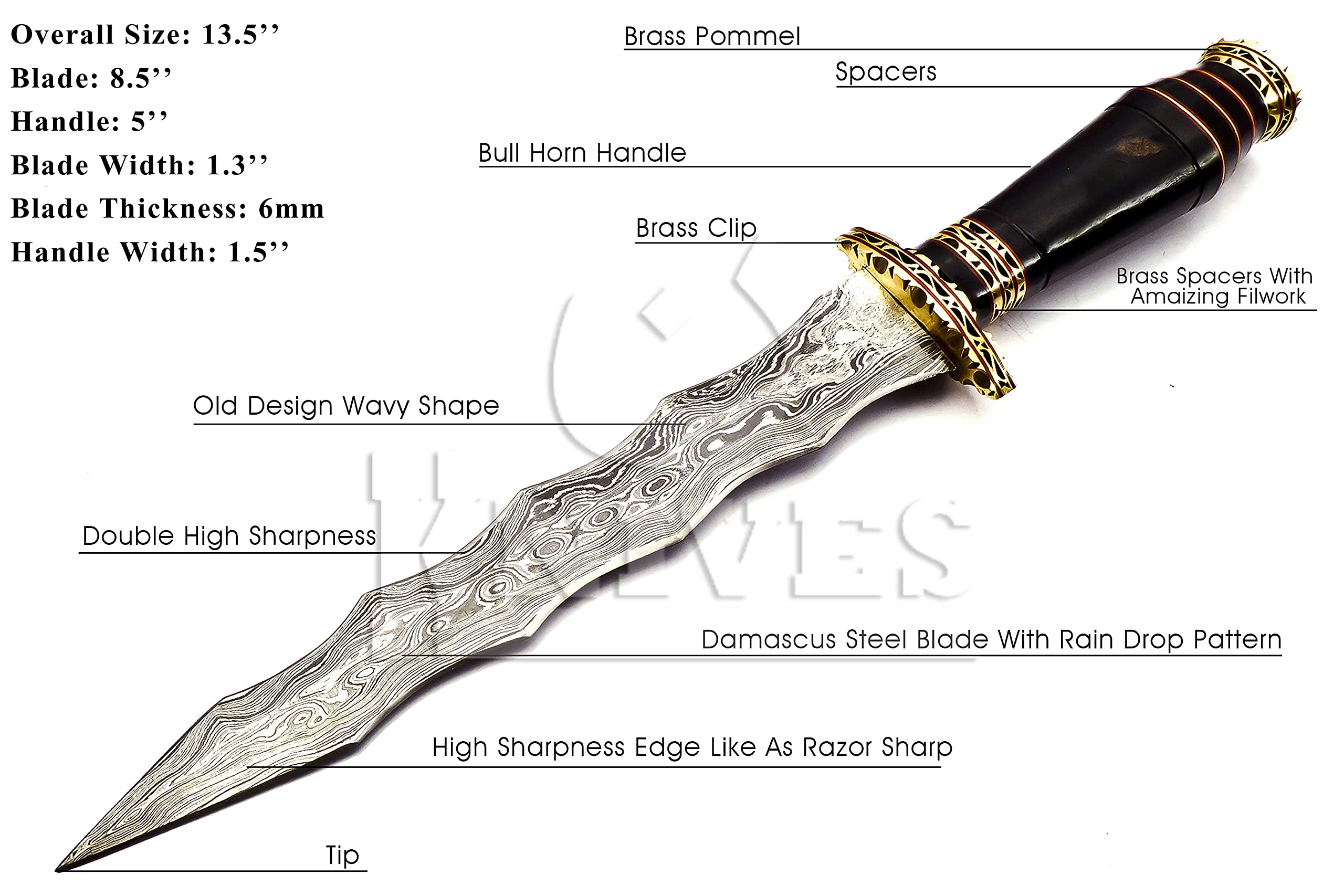 NoonKnives: custom Hand Made Damascus Steel Collectible wavy dagger Knife Handle bull horn with Brass Inserts (Black)