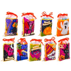 JOYIN 72 Pcs Halloween Plastic Treat Bags with Drawstrings, Small Trick or Treat Candy Bags in 9 Designs, Small Halloween Goodie Gift Bags Halloween Party Favors Supplies