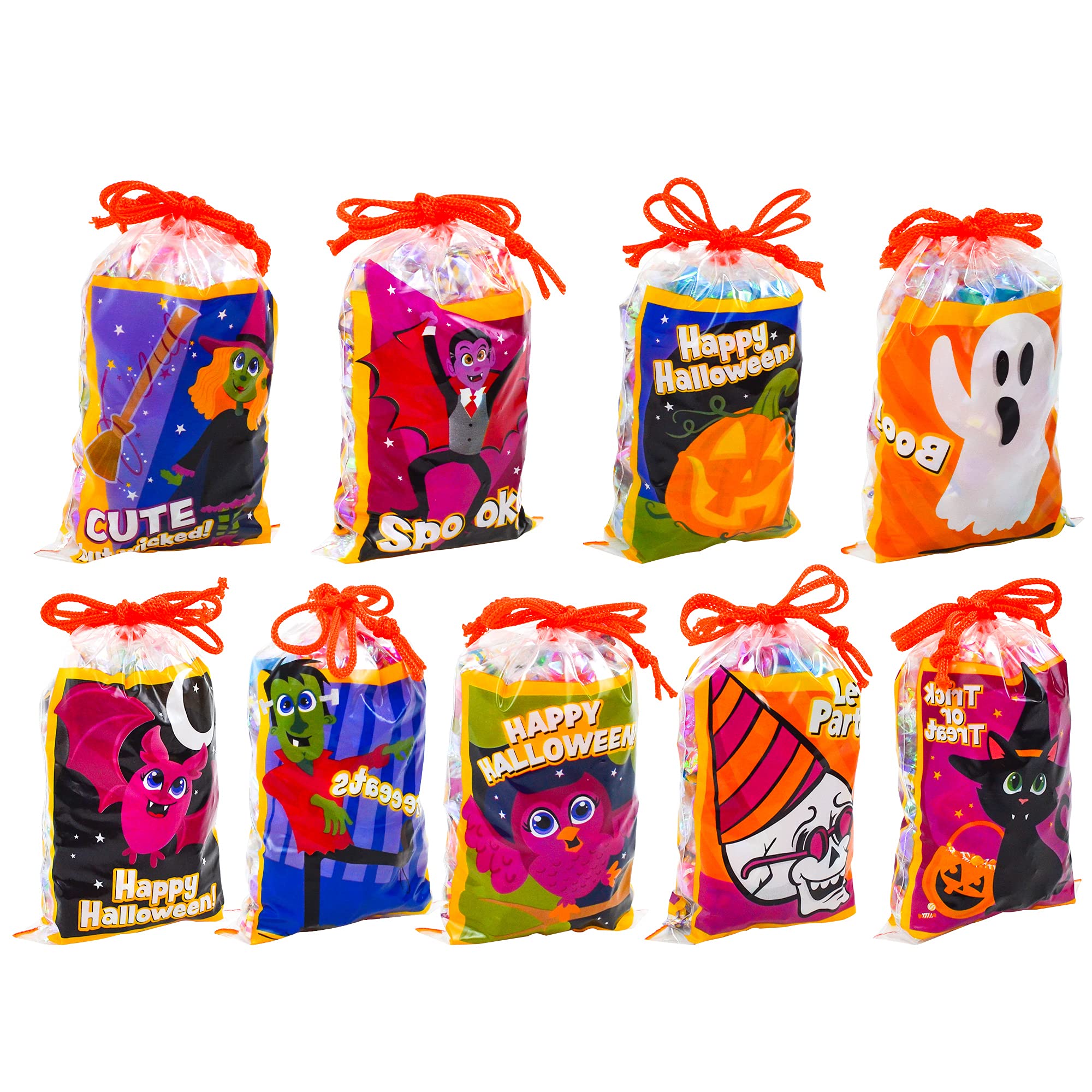 JOYIN 72 Pcs Halloween Plastic Treat Bags with Drawstrings, Small Trick or Treat Candy Bags in 9 Designs, Small Halloween Goodie Gift Bags Halloween Party Favors Supplies