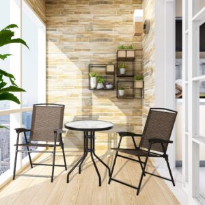 KOTEK Patio Bistro Set, 3 Piece Outdoor Furniture Set w/Round Table & 2 Folding Chairs, Tempered Glass Tabletop, Bistro Table and Chairs for Balcony, Porch, Courtyard, Brown