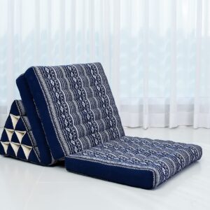 Leewadee - Comfortable Japanese Floor Mattress - Thai Floor Bed with Triangle Cushion - Futon Mattress - Thai Massage Mat, 67 x 21 inches, Blue White, Kapok Filling