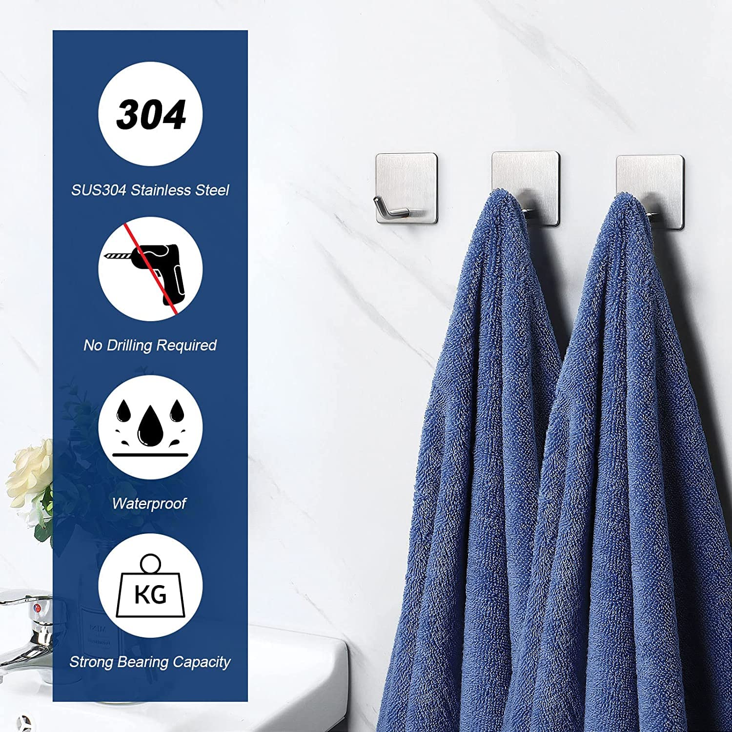 GOANDO 5 Pack Adhesive Hooks Heavy Duty Wall Hook Towel Hooks and Coat Hooks Stick on Cabinet Doors Stainless Steel Waterproof Self Adhesive Holders Kitchen