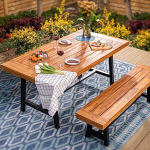 phi villa outdoor wood table bench set for 3, 1 wood dining table & 1 wooden bench, acacia wood patio furniture set for porch yard deck, teak color