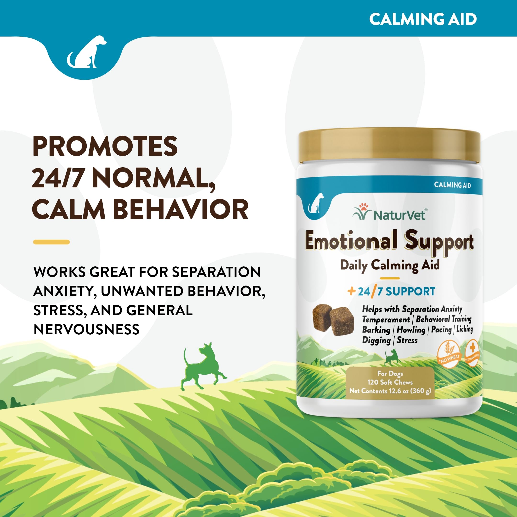 NaturVet Emotional Support Daily Calming Aid Dog Supplement - Helps Promote 24/7 Normal, Calm Behavior - for Dog Stress, Nervousness, Separation, Unwanted Behavior - 120ct Soft Chews