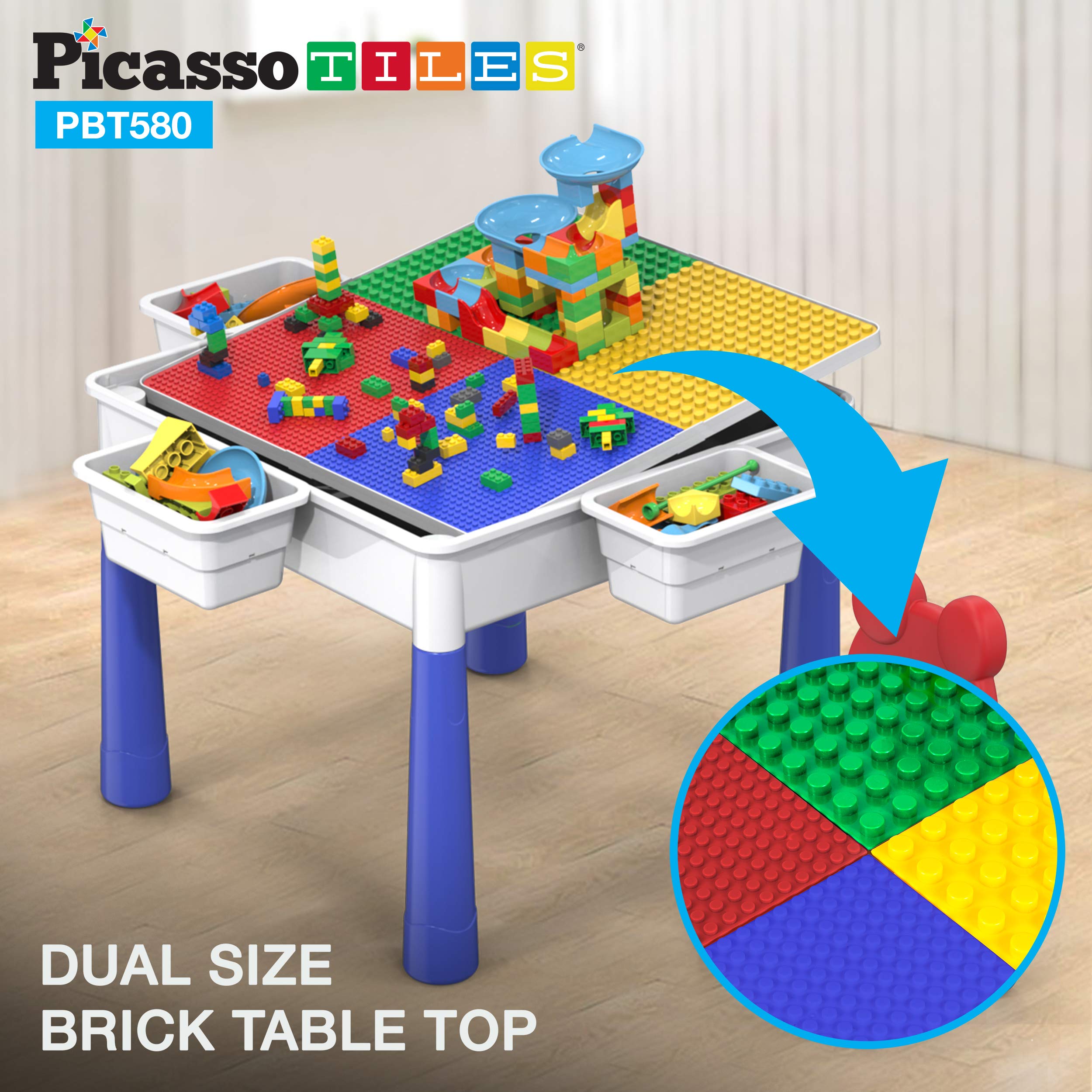 PicassoTiles Kids Multi Activity Table, Storage Bin & Chair Set Combo, 581 PCs Building Block with Marble Run Play Table Compatible with Building Bricks Blocks STEM Toy for Boys & Girls Ages 3+