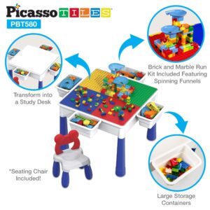 PicassoTiles Kids Multi Activity Table, Storage Bin & Chair Set Combo, 581 PCs Building Block with Marble Run Play Table Compatible with Building Bricks Blocks STEM Toy for Boys & Girls Ages 3+