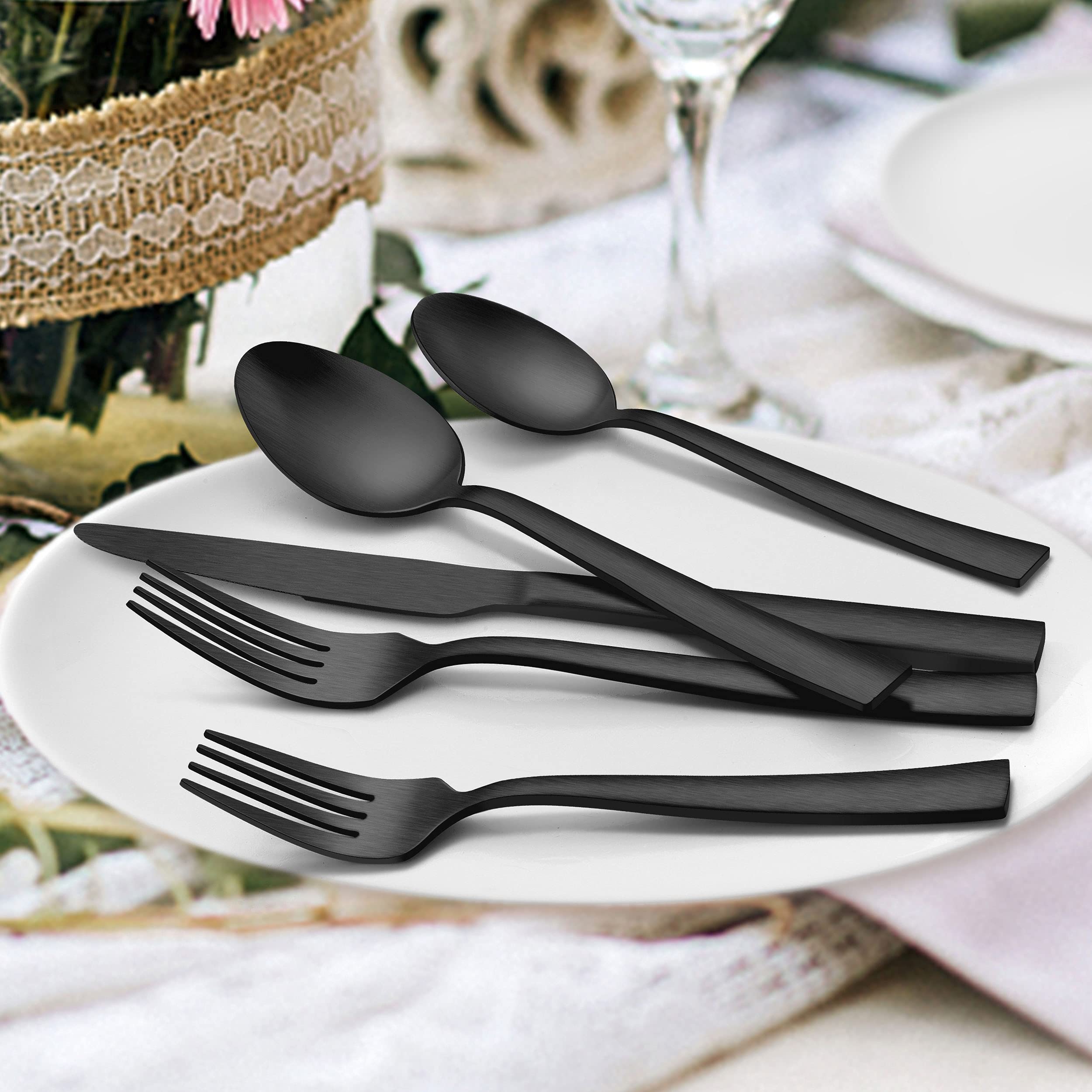 LIANYU 65-Piece Matte Black Silverware Set with Serving Utensils, Stainless Steel Flatware Cutlery Set for 12, Square Tableware Eating Utensils Set for Wedding Home, Satin Finish, Dishwasher Safe