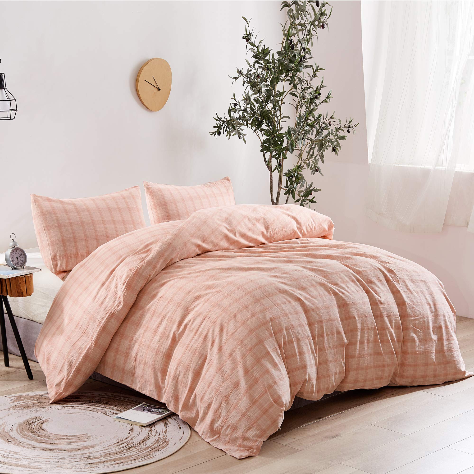 Home Soft Things 100% Washed Cotton Duvet Cover 3 Piece Set, King 102" x 90", Soft Pink Kolkata Grid Plaid Bedding Set with Zipper Closure, Ultra Soft and Easy Care, 1 Duvet Cover 2 Pillow Shams