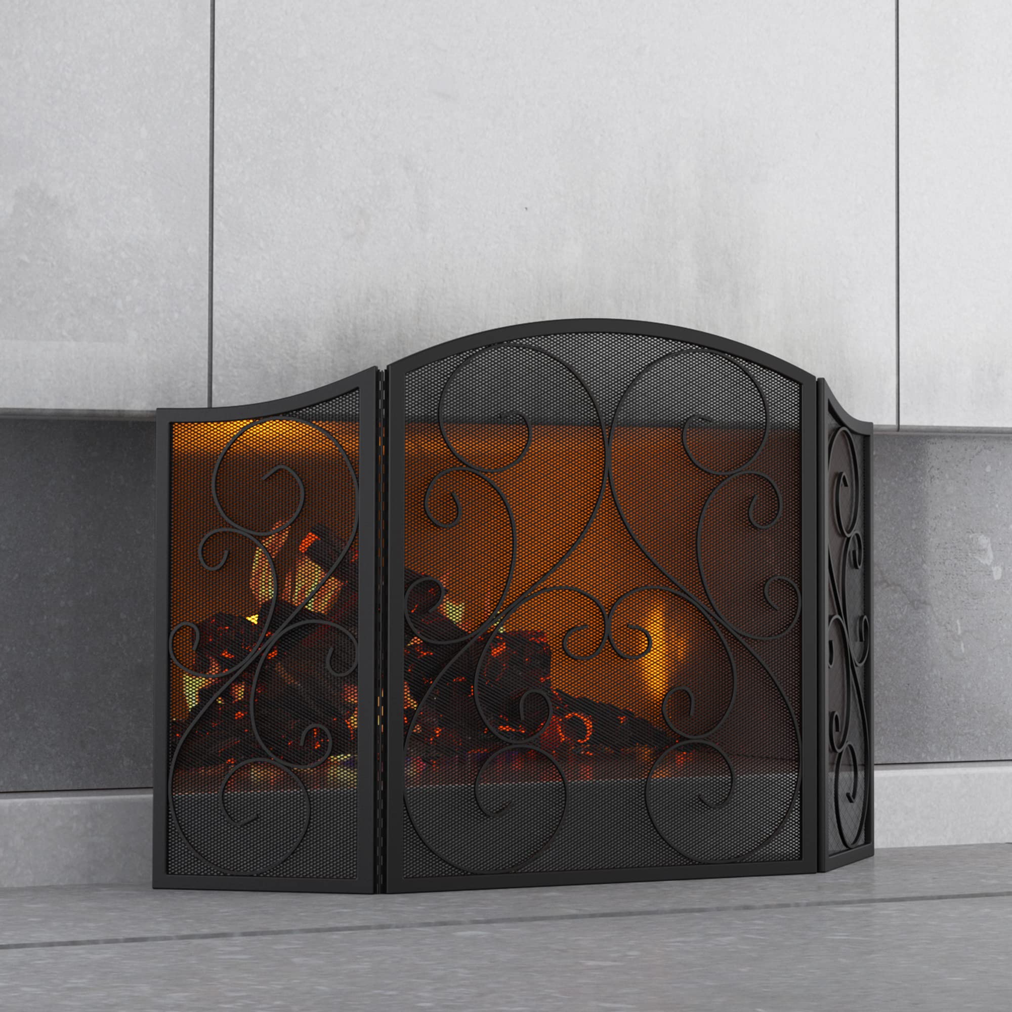 Fire Beauty Fireplace Screen 3 Panel Wrought Iron Metal 48"(L) x30(H) Spark Guard Cover(Sanded Black)