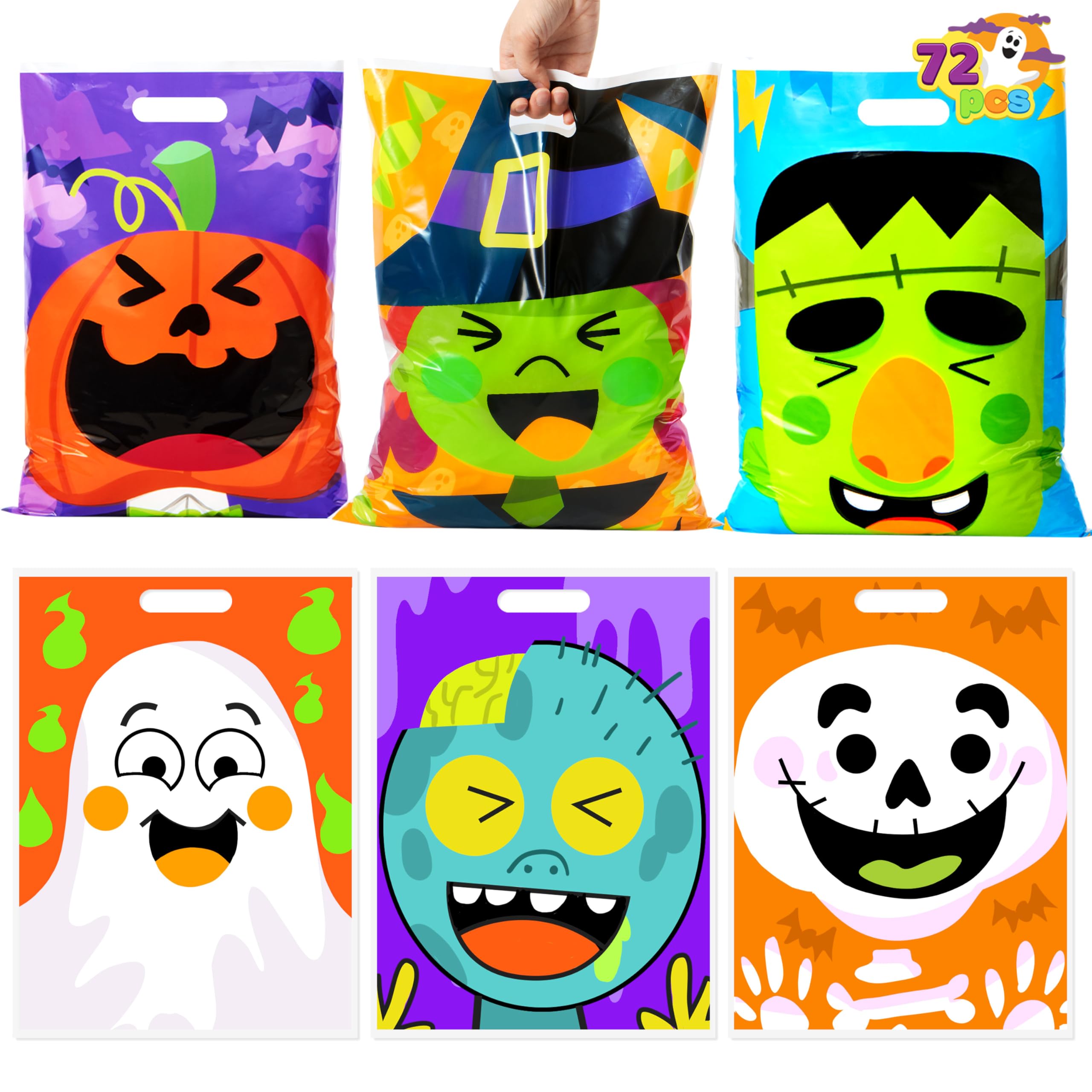 JOYIN 72 Pcs Halloween Treat Bags with 6 Designed Characters, Halloween Plastic Goodie Bags, Halloween Candy Bags, Halloween Trick or Treat Bags for Halloween Snacks Stuffers Party Favor Supplies