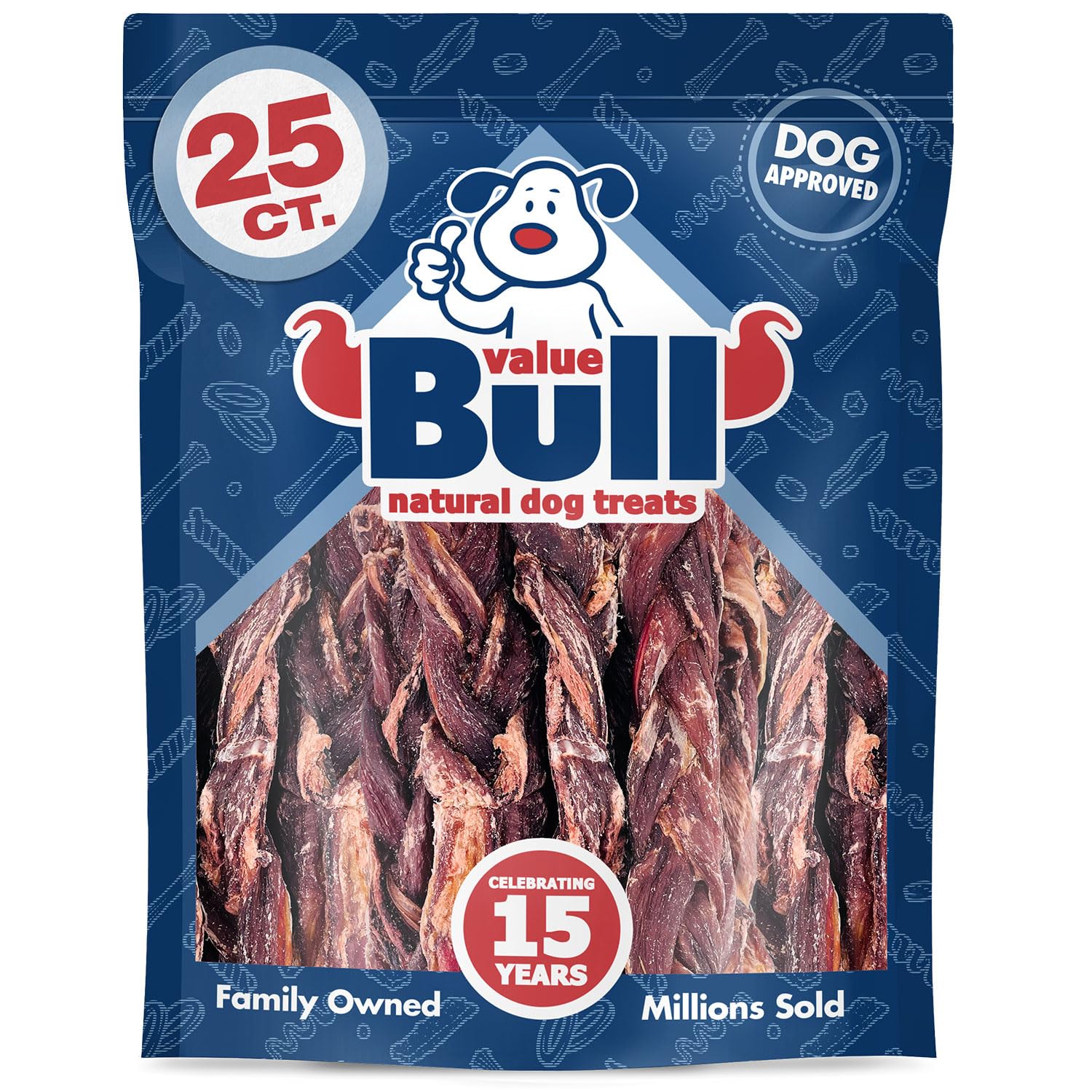 ValueBull Braided Beef Gullet Sticks for Dogs, Thick 6", 25 ct. - Beef Esophagus Dog Treats, Chondroitin Joint Support