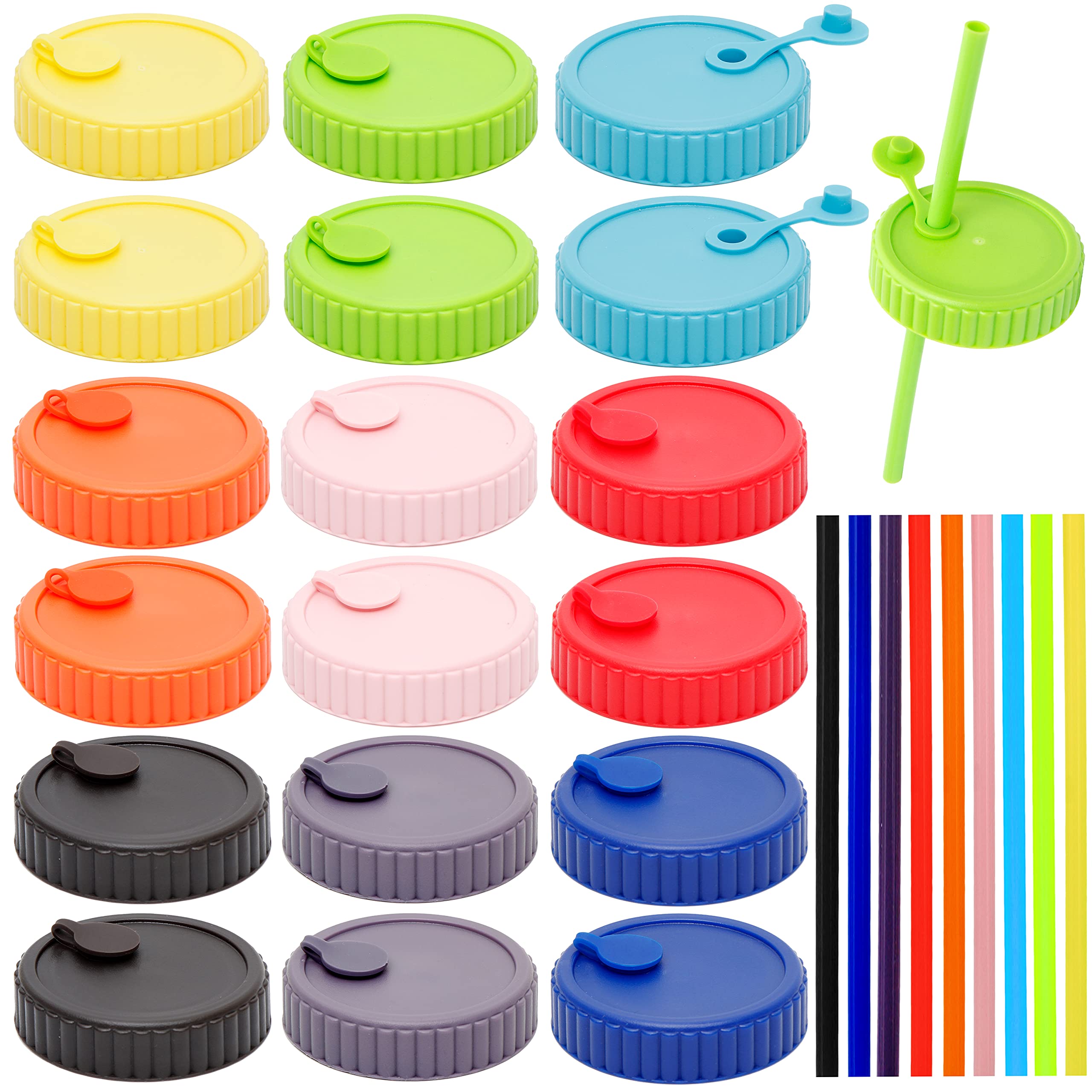 Youngever 18 Pack Plastic Mason Jar Lids with 9 Pack Silicon Straws, Food Grade Plastic Storage Caps for Mason, Canning Jars