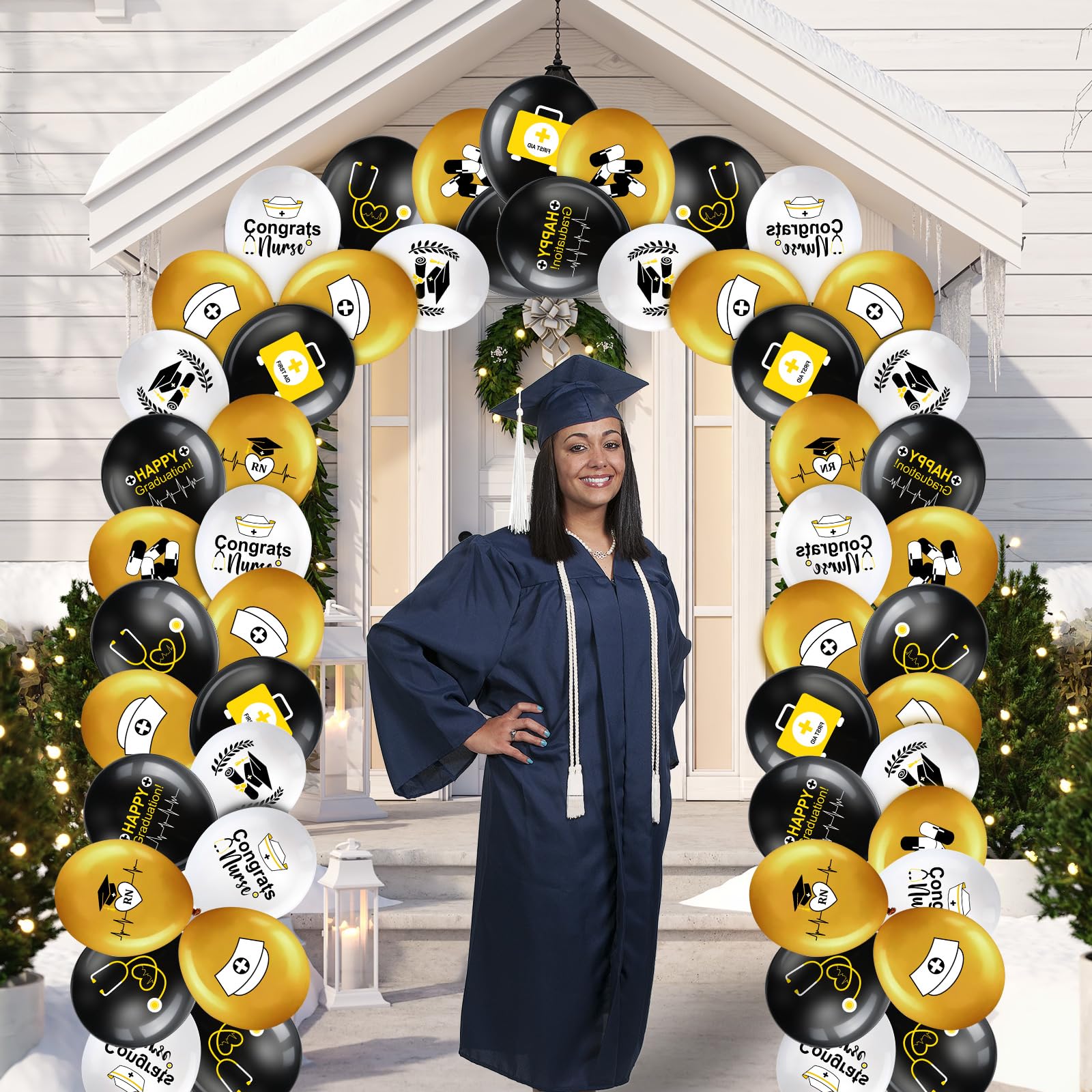 45 Pieces Nurse Balloons 12 Inch Nursing Congrats Graduation Celebration Balloons Decorations Latex Balloons for Nurse Doctor College High School Graduation Party Supplies (Black, Gold, White)