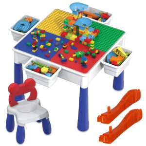 picassotiles kids multi activity table, storage bin & chair set combo, 581 pcs building block with marble run play table compatible with building bricks blocks stem toy for boys & girls ages 3+