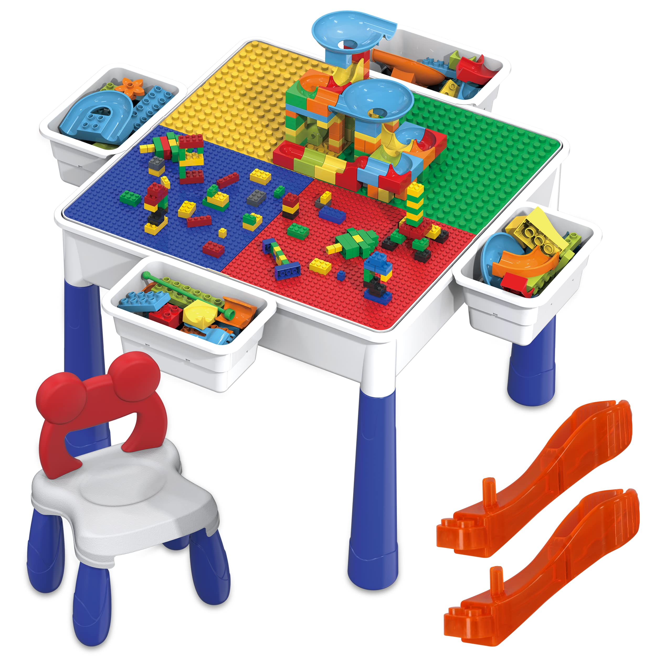 PicassoTiles Kids Multi Activity Table, Storage Bin & Chair Set Combo, 581 PCs Building Block with Marble Run Play Table Compatible with Building Bricks Blocks STEM Toy for Boys & Girls Ages 3+