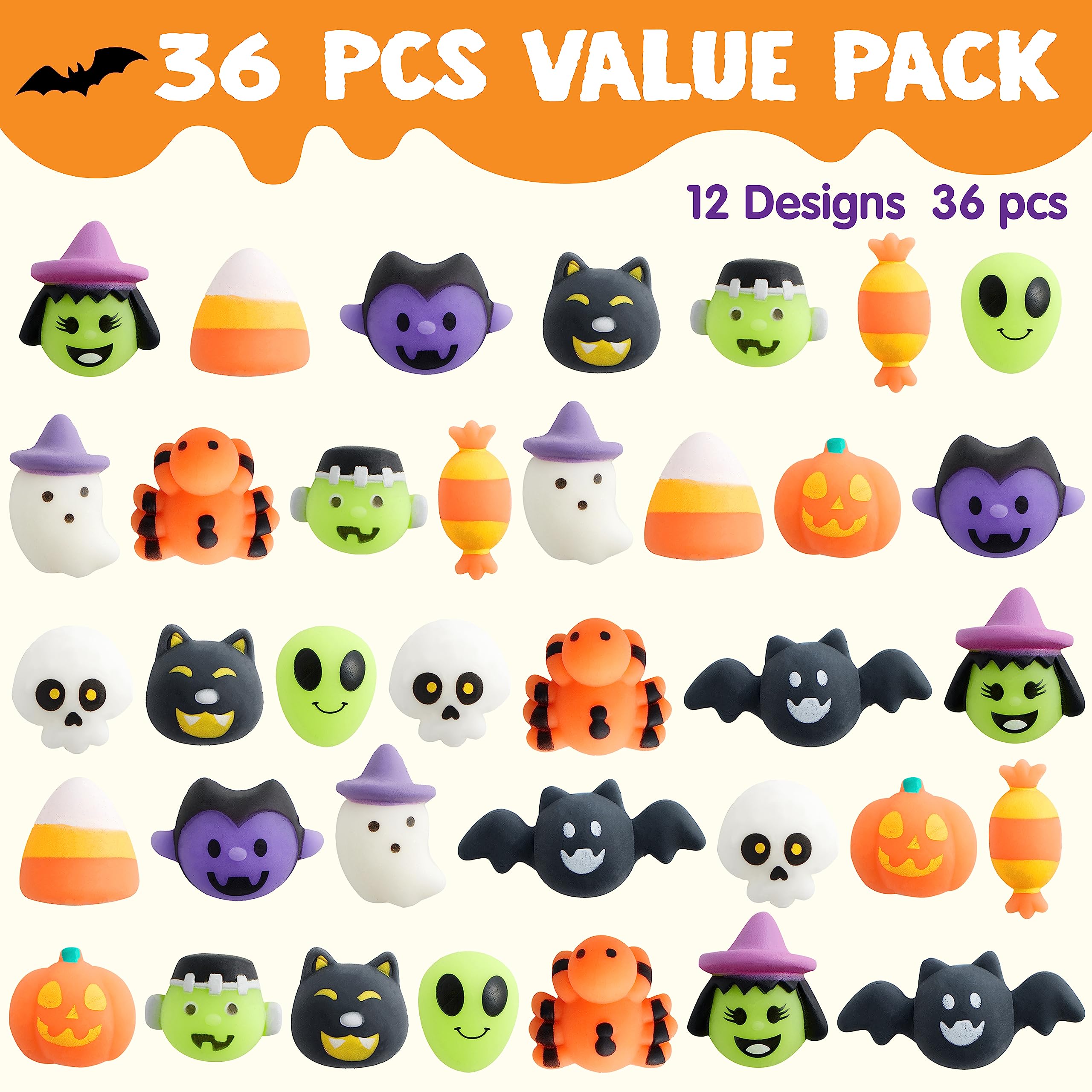 JOYIN 36 Pcs Halloween Mochi Squishy Toy in Blind Bags with 12 Halloween Characters for Stress Relief, Halloween Mystery Toy Surprise Bag for Kids Halloween Party Favors, Halloween Goodie Fillers