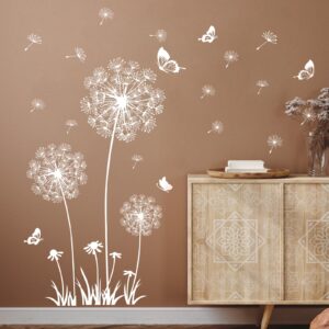 Supzone Dandelion Wall Stickers Flower Wall Decals Butterflies Flying Wall Decors Art Stickers for Bedroom Living Room Sofa Backdrop TV Wall Decor (White Dandelion)