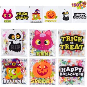 joyin 150 pcs halloween cellophane treat bags, halloween clear self adhesive cookie bags mini candy bags for trick or treat, double sided halloween bags for kids halloween party favor supplies