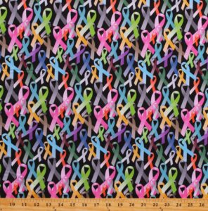 cotton cancer awareness ribbons all cancers colorful bows on black cotton fabric print by the yard (d751.18)