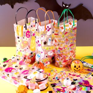 JOYIN 48PCS Halloween Cellophane Treats Bags, 6×11" Sturdy Trick or Treat Tote Bags, Goodies Gift Candy Bags, 6 Designs Clear Plastic Bags Bulk for Kids Girls Boys Halloween Party Favor Supplies