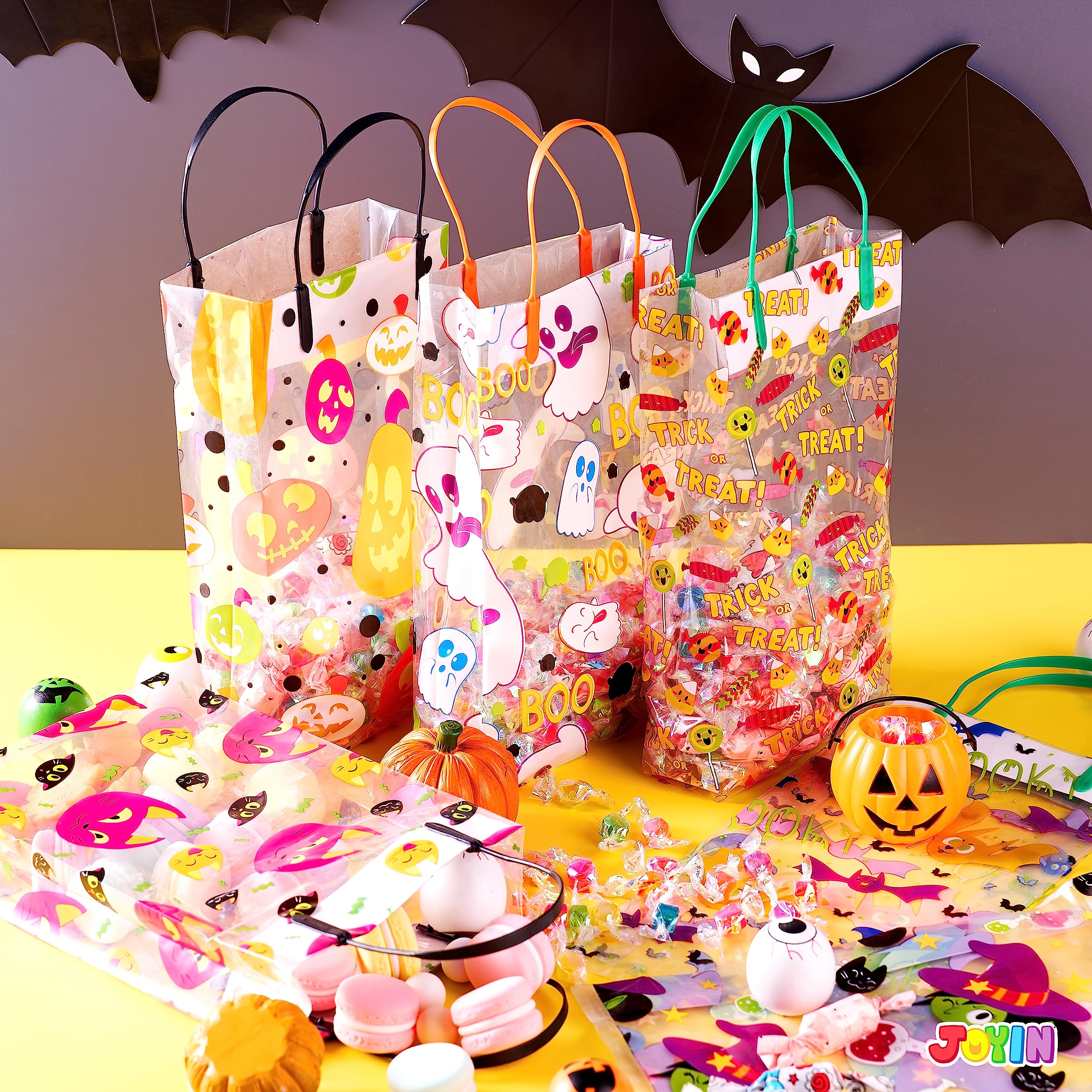 JOYIN 48PCS Halloween Cellophane Treats Bags, 6×11" Sturdy Trick or Treat Tote Bags, Goodies Gift Candy Bags, 6 Designs Clear Plastic Bags Bulk for Kids Girls Boys Halloween Party Favor Supplies