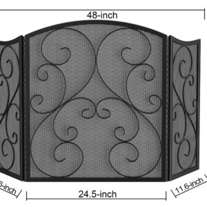 Fire Beauty Fireplace Screen 3 Panel Wrought Iron Metal 48"(L) x30(H) Spark Guard Cover(Sanded Black)