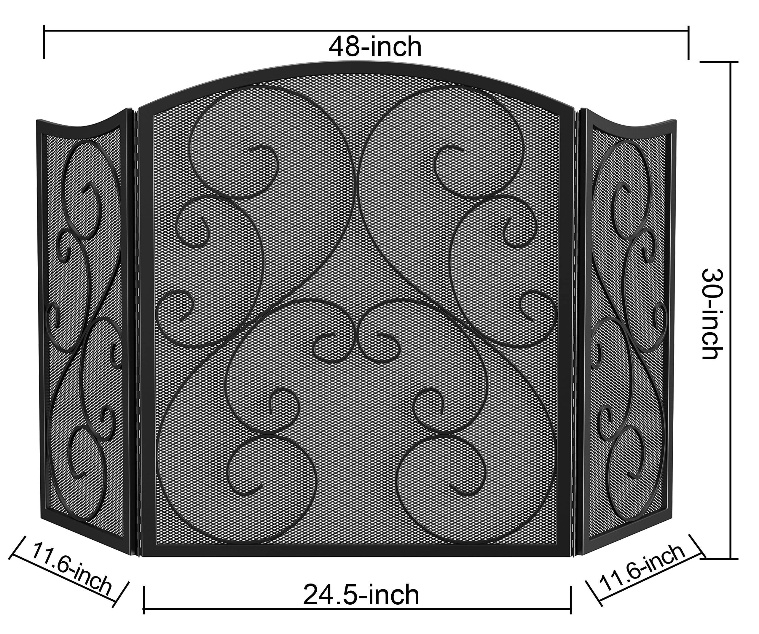 Fire Beauty Fireplace Screen 3 Panel Wrought Iron Metal 48"(L) x30(H) Spark Guard Cover(Sanded Black)