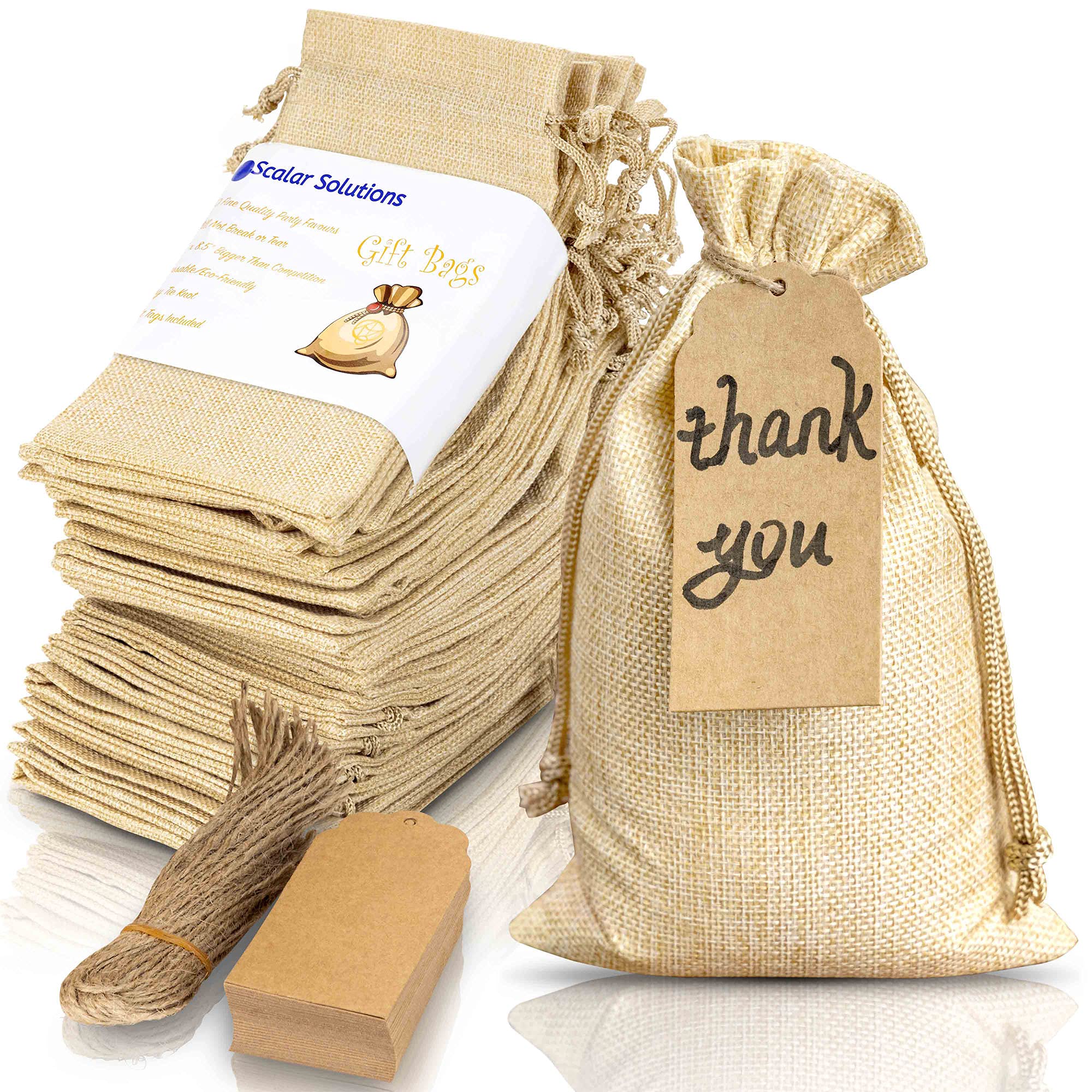 SCALAR SOLUTIONS 50 PCS Burlap Gift Bags - EASY TIE KNOT, WON’T BREAK OR TEAR, Large 5” x 8.5” Hessian Jute Linen Fabric Muslin Bags with Drawstring