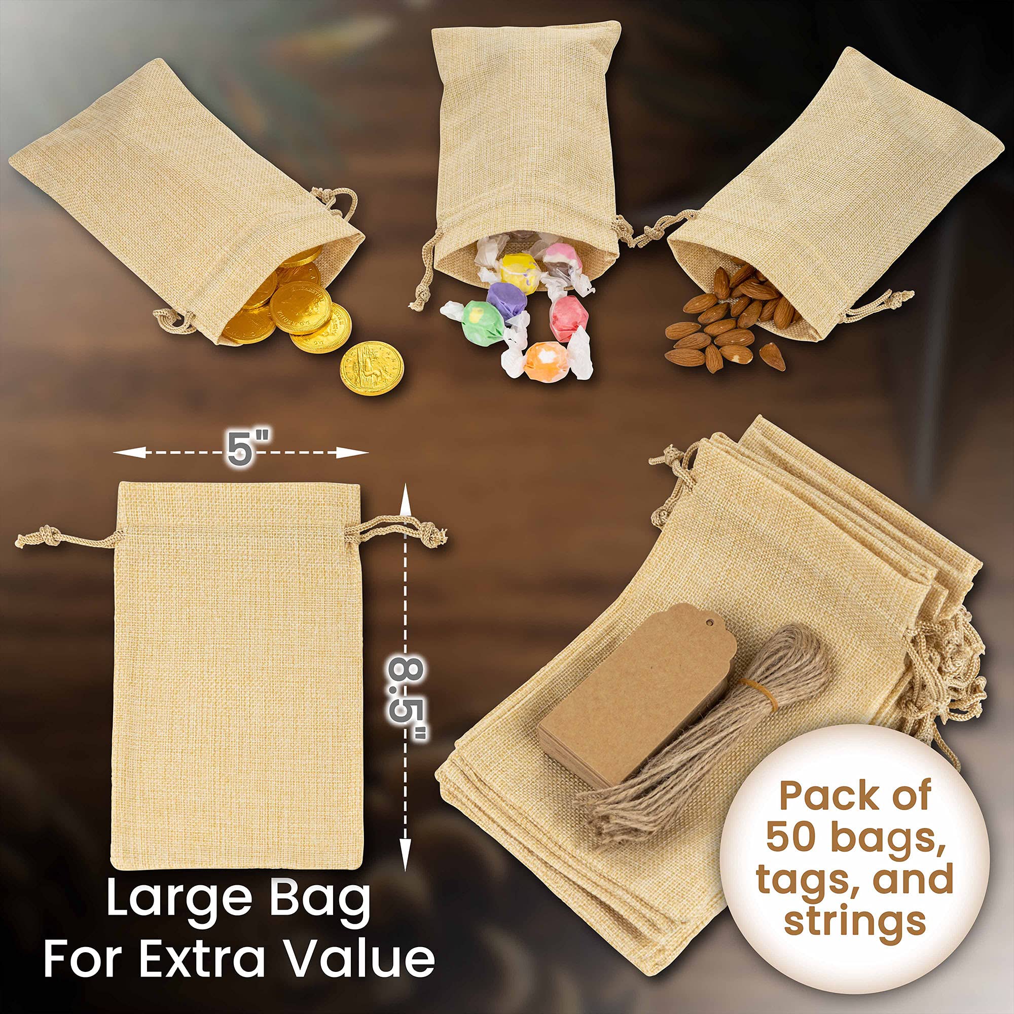 SCALAR SOLUTIONS 50 PCS Burlap Gift Bags - EASY TIE KNOT, WON’T BREAK OR TEAR, Large 5” x 8.5” Hessian Jute Linen Fabric Muslin Bags with Drawstring