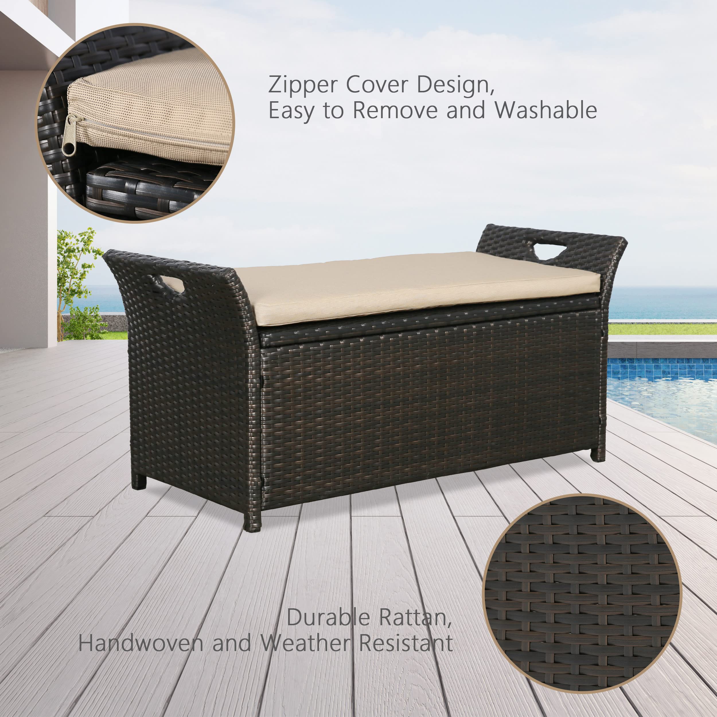 Iwicker Patio Wicker Storage Bench Outdoor Rattan Deck Box with Cushion, Beige