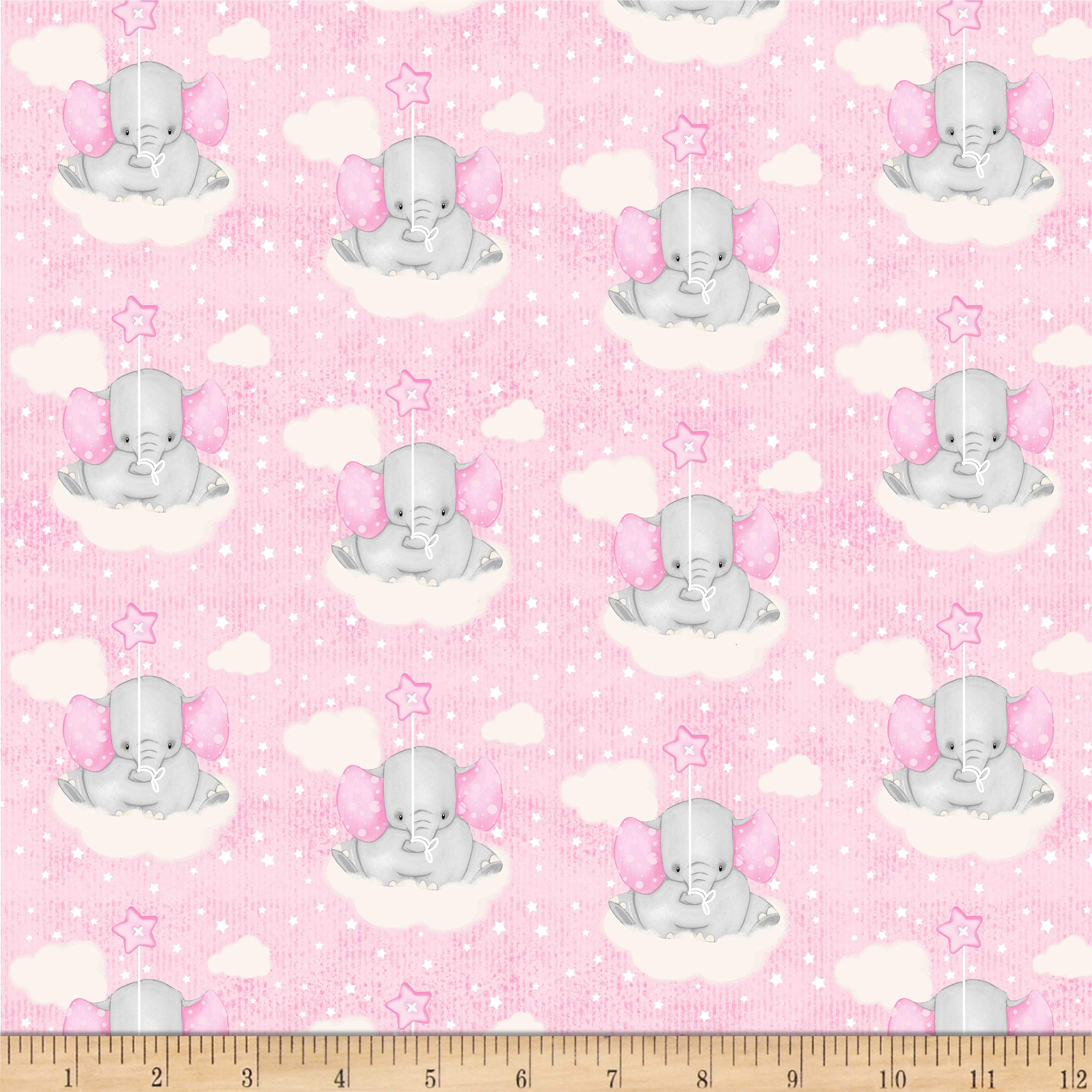 Comfy Flannel Elephants On Clouds Pink, Fabric by the Yard