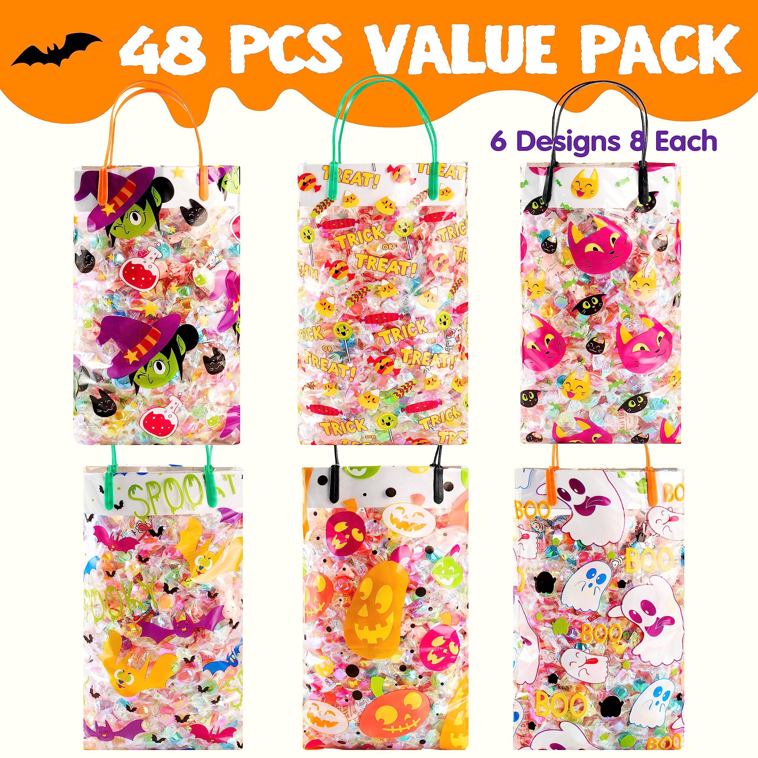 JOYIN 48PCS Halloween Cellophane Treats Bags, 6×11" Sturdy Trick or Treat Tote Bags, Goodies Gift Candy Bags, 6 Designs Clear Plastic Bags Bulk for Kids Girls Boys Halloween Party Favor Supplies