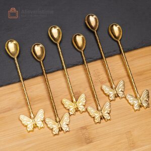 Alisveristime Traditional Ottoman Motif Tea Spoons - Decorative Stirring, Sugar, Tea Spoons (Set of 6) (Butterfly) (Gold)