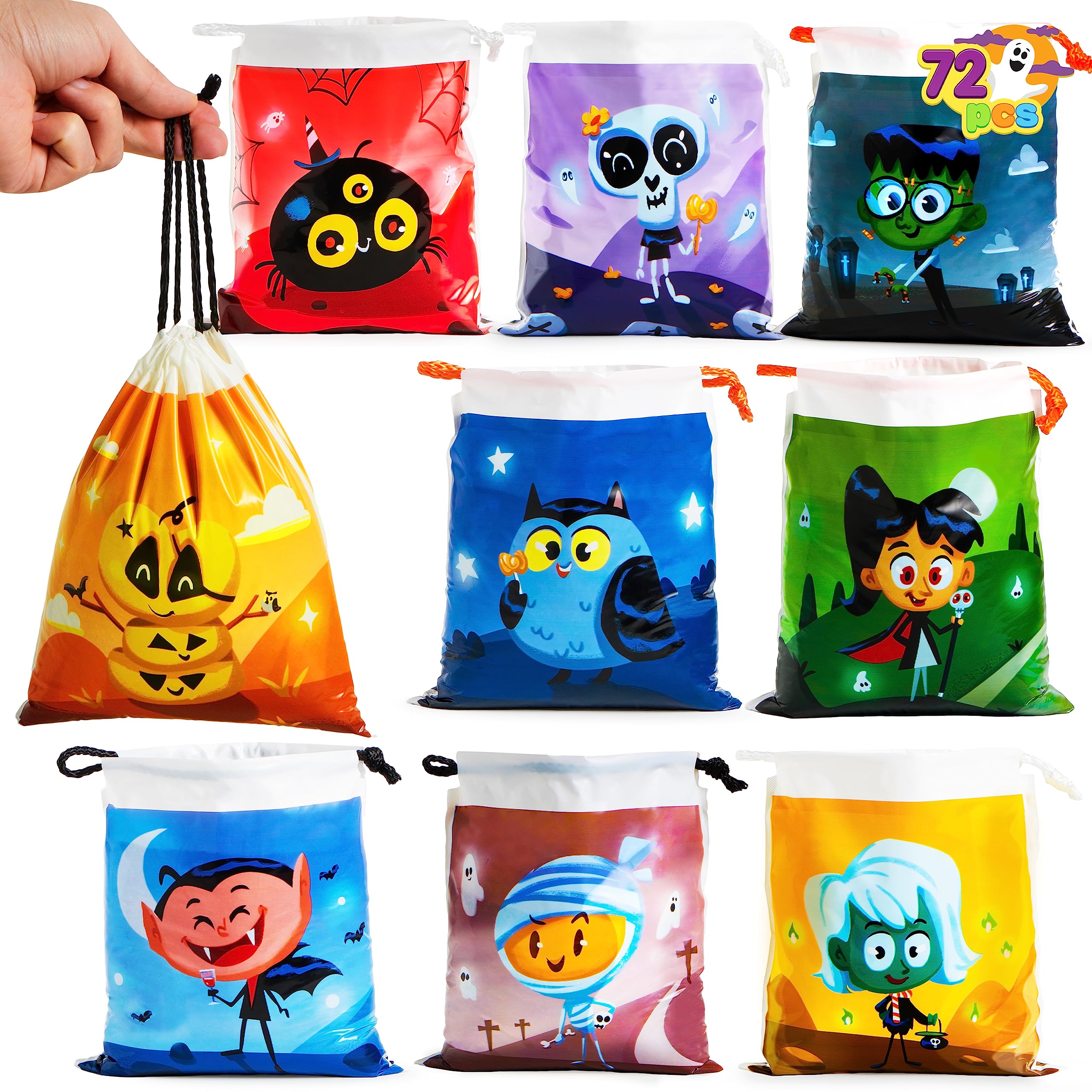 JOYIN 72 Pcs Plastic Halloween Drawstring Treat Bags, Cute Halloween Candy Bags in 9 Character Designs, Small Trick or Treat Bags, Goodie Gift Bags Halloween Party Favors Supplies