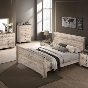 Roundhill Furniture Imerland Bed White-wash Finished 6-Piece Sleigh Headboard Bedroom Set, King