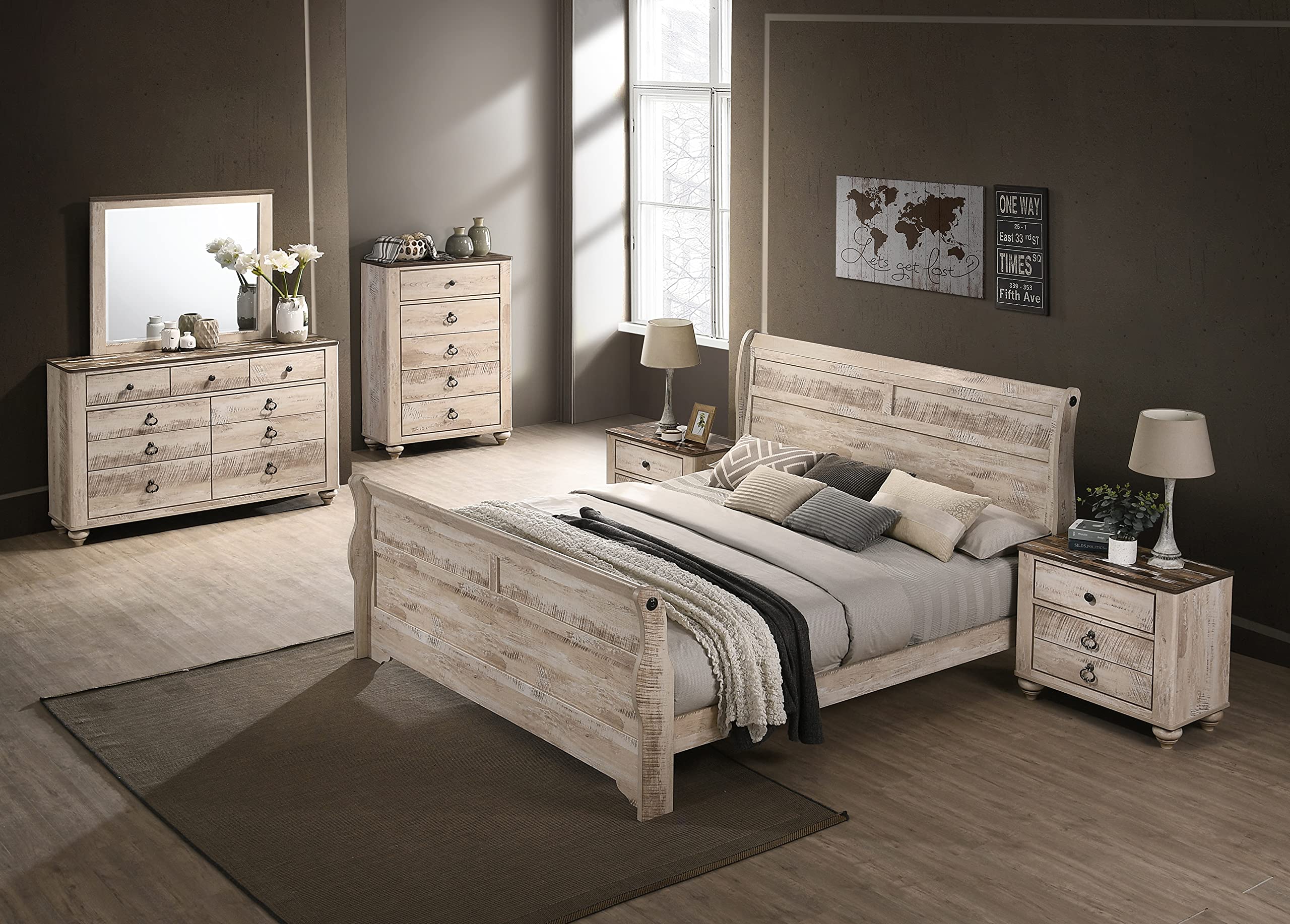 Roundhill Furniture Imerland Bed White-wash Finished 6-Piece Sleigh Headboard Bedroom Set, King