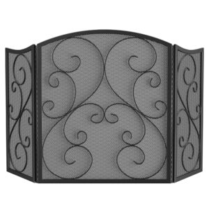 Fire Beauty Fireplace Screen 3 Panel Wrought Iron Metal 48"(L) x30(H) Spark Guard Cover(Sanded Black)