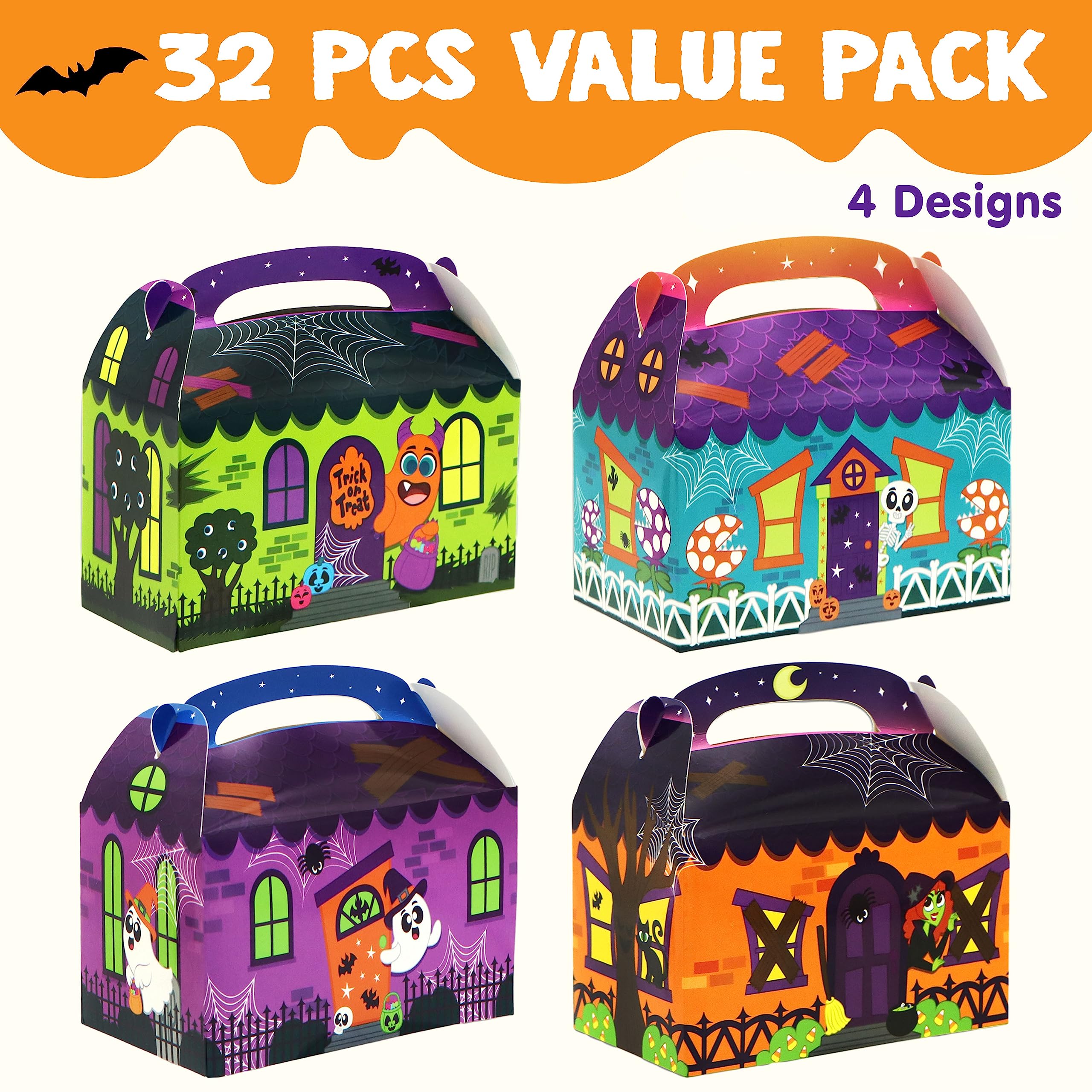 JOYIN 32 Pcs Halloween Trick or Treat Candy Boxes (5.6"x5.66"x3.5"), 3D Halloween House Cardboard Treat Boxes, Cupcake Cookie Goodie Boxs for Halloween Party Favor Supplies