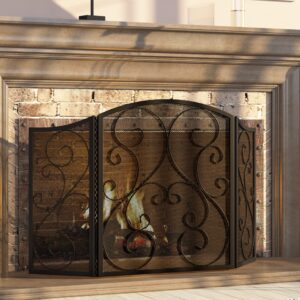 fire beauty fireplace screen 3 panel wrought iron metal 48"(l) x30(h) spark guard cover(sanded black)