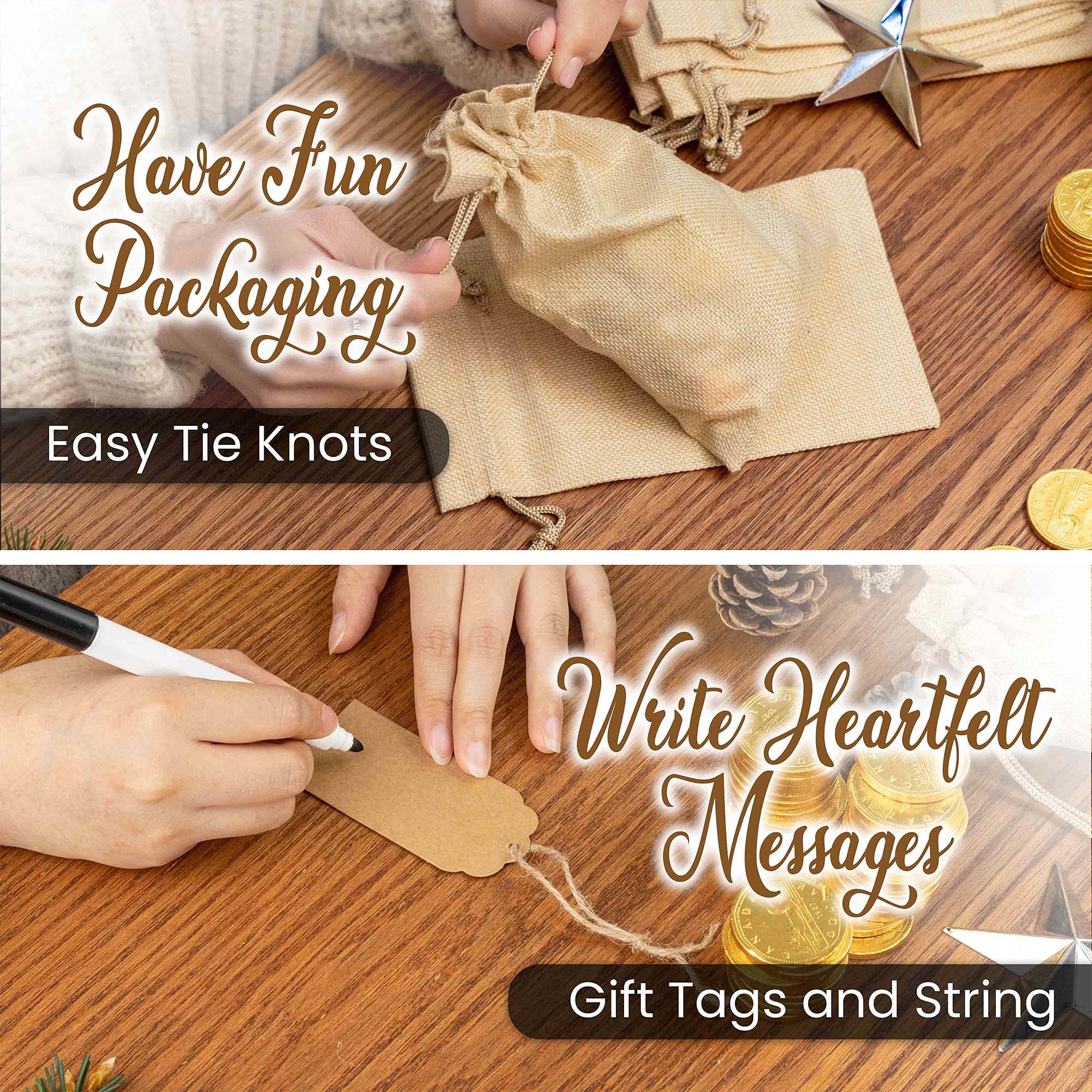 SCALAR SOLUTIONS 50 PCS Burlap Gift Bags - EASY TIE KNOT, WON’T BREAK OR TEAR, Large 5” x 8.5” Hessian Jute Linen Fabric Muslin Bags with Drawstring