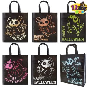 joyin 12 pcs halloween treat tote bags in 6 metal shining skeleton design, 17" large reflective halloween character trick or treat bags, halloween goodie gift candy bags halloween party favor party supplies