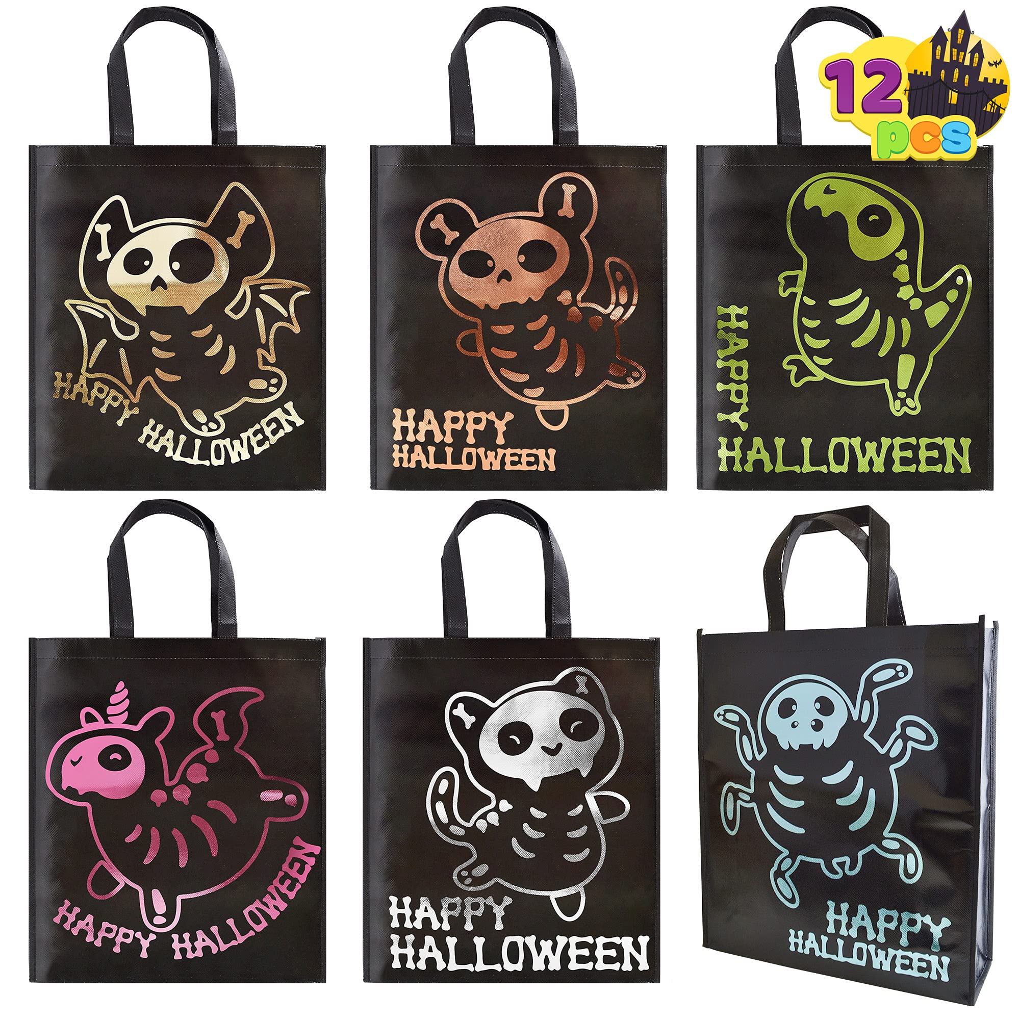 JOYIN 12 Pcs Halloween Treat Tote Bags in 6 Metal Shining Skeleton Design, 17" Large Reflective Halloween Character Trick or Treat Bags, Halloween Goodie Gift Candy Bags Halloween Party Favor Party Supplies