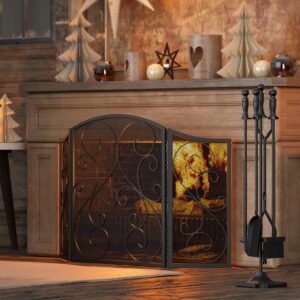 Fire Beauty Fireplace Screen 3 Panel Wrought Iron Metal 48"(L) x30(H) Spark Guard Cover(Sanded Black)