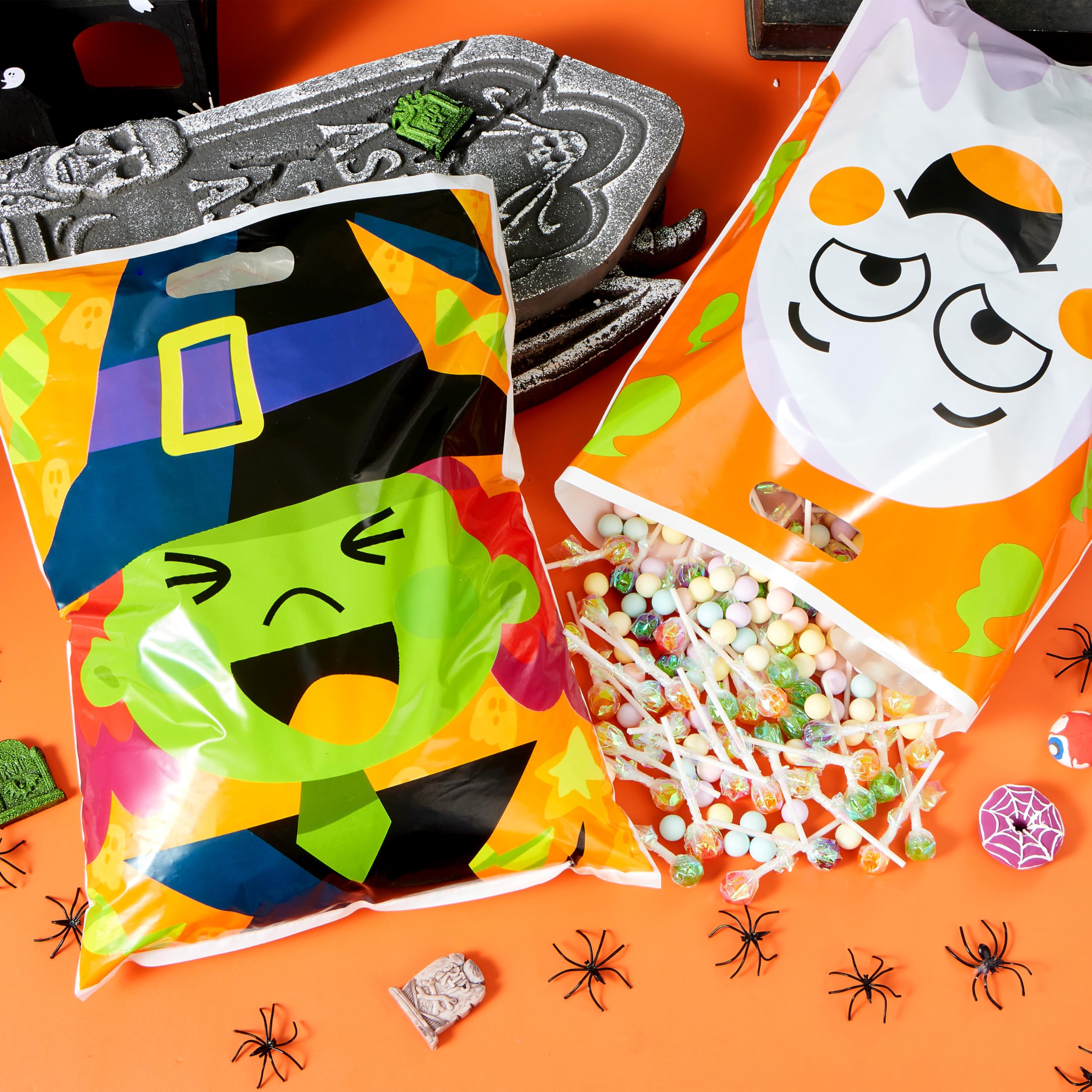 JOYIN 72 Pcs Halloween Treat Bags with 6 Designed Characters, Halloween Plastic Goodie Bags, Halloween Candy Bags, Halloween Trick or Treat Bags for Halloween Snacks Stuffers Party Favor Supplies