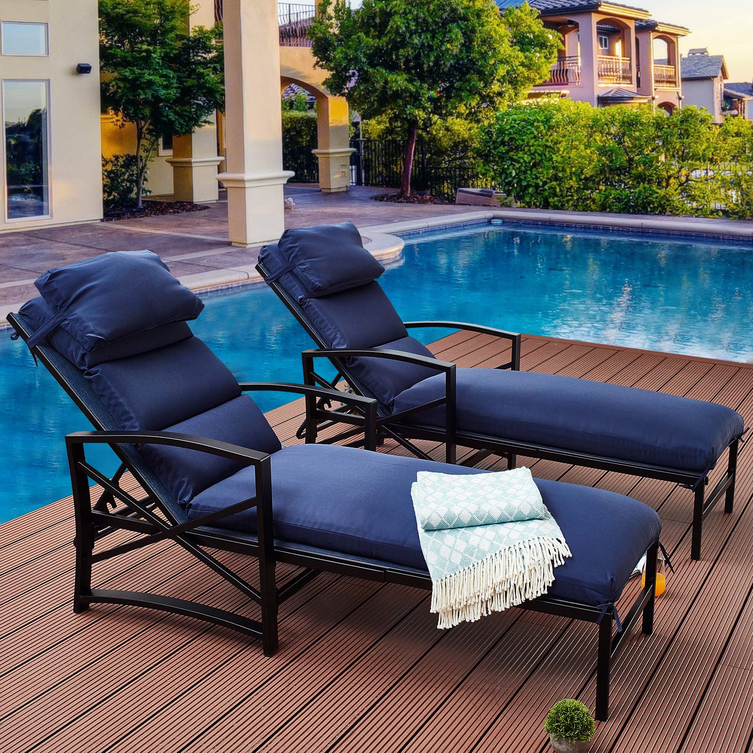 PatioFestival Patio Chaise Lounge Set of 4 Outdoor Adjustable Back Cushioned Chairs All Weather Steel Frame Lounger with Blue Pillow