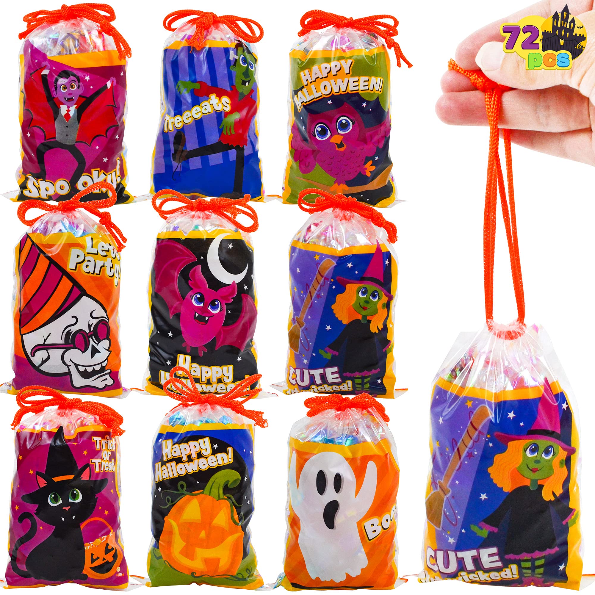 JOYIN 72 Pcs Halloween Plastic Treat Bags with Drawstrings, Small Trick or Treat Candy Bags in 9 Designs, Small Halloween Goodie Gift Bags Halloween Party Favors Supplies