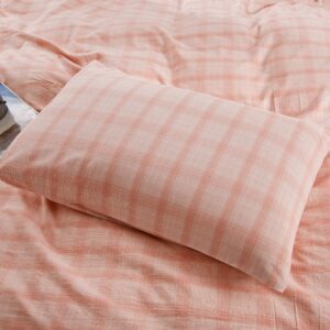 Home Soft Things 100% Washed Cotton Duvet Cover 3 Piece Set, King 102" x 90", Soft Pink Kolkata Grid Plaid Bedding Set with Zipper Closure, Ultra Soft and Easy Care, 1 Duvet Cover 2 Pillow Shams