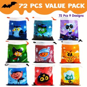 JOYIN 72 Pcs Plastic Halloween Drawstring Treat Bags, Cute Halloween Candy Bags in 9 Character Designs, Small Trick or Treat Bags, Goodie Gift Bags Halloween Party Favors Supplies